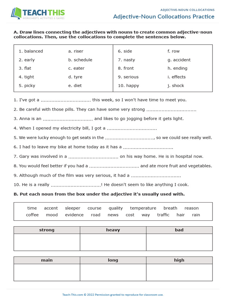 Adjective-Noun Collocations Practice | PDF | Language Arts & Discipline ...