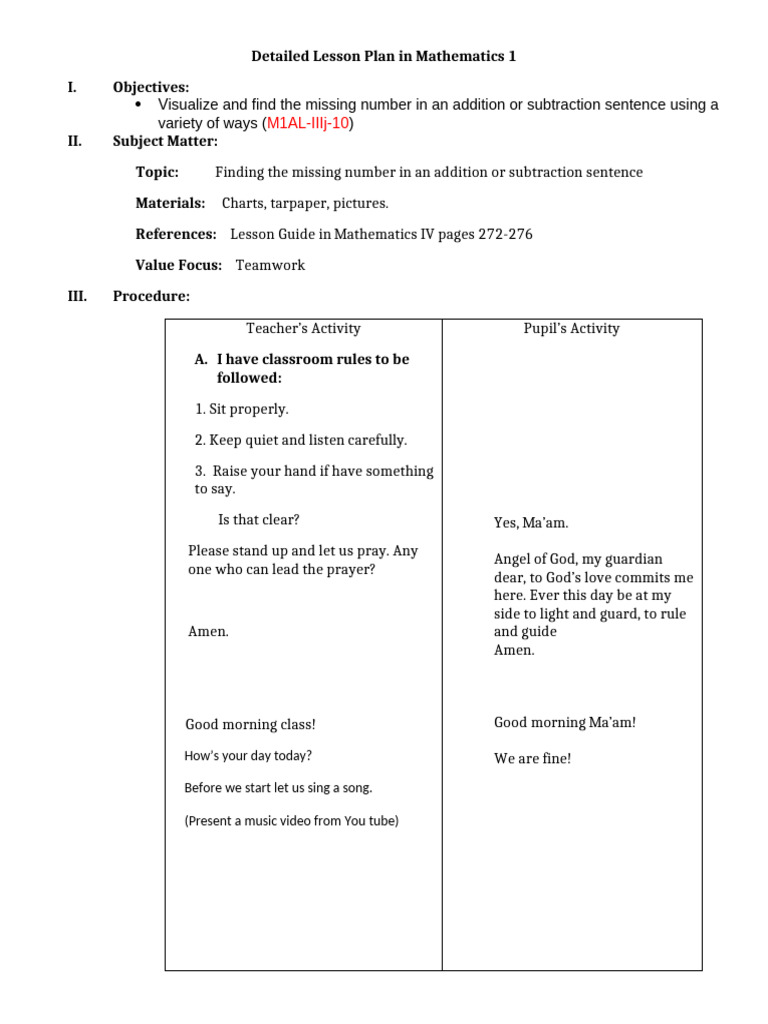 Grade 1 Math: Missing Numbers Lesson | PDF | Lesson Plan