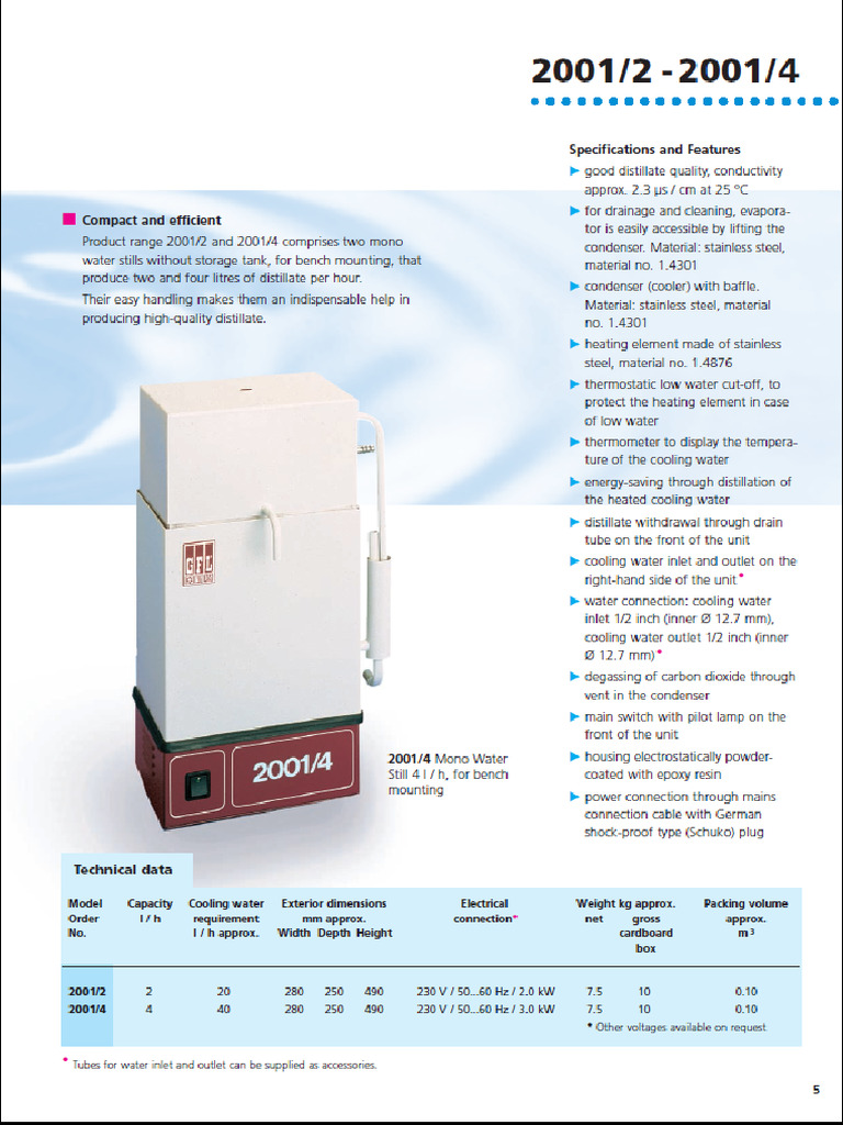 Verkon Data Sheet Water Stills GFL 2001 EN | PDF