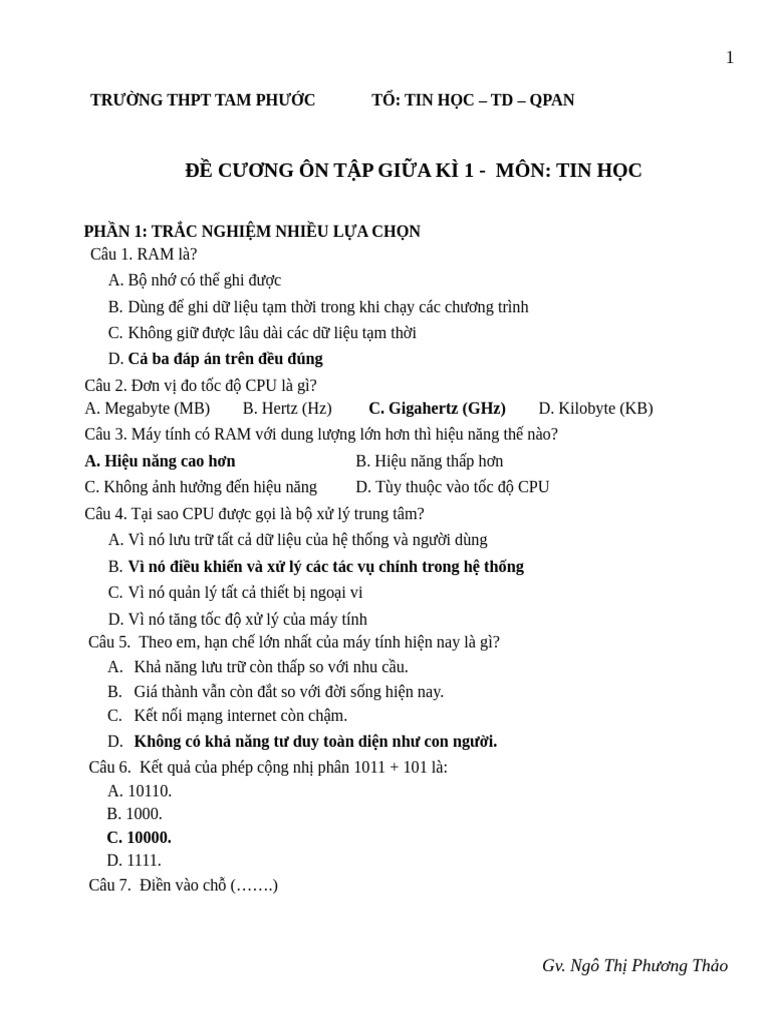TIN HỌC 11 ĐỀ CƯƠNG GK1 1 | PDF