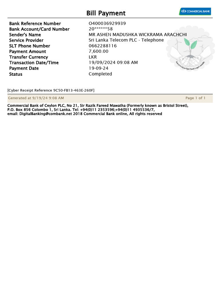 Cyber Receipt for SLT Payment | PDF