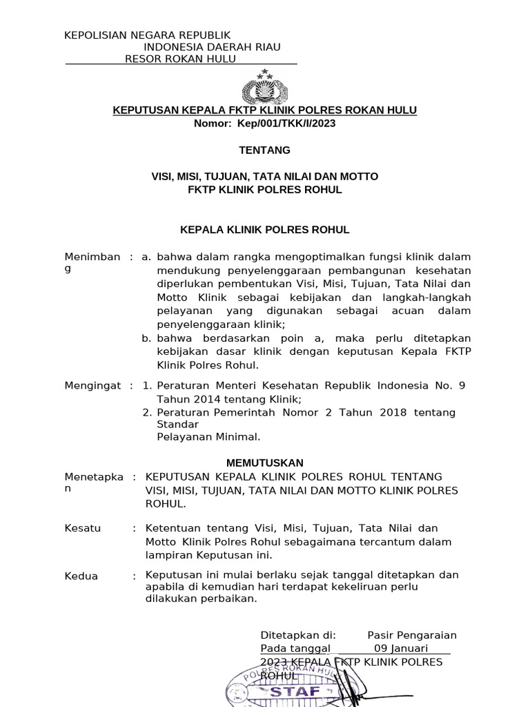 TKK 1 - Standar 1.1. - EP 1 - SK Visi, Misi, Tujuan & Tata Nilai | PDF | Pengembangan Diri