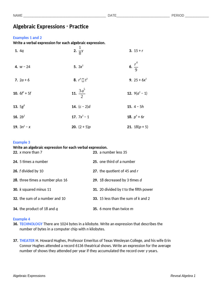 Algebraic Expressions - Practice | PDF | Area
