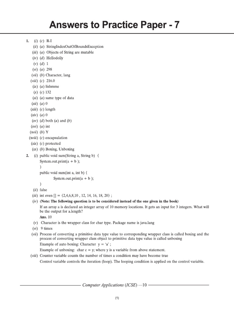 Icse Cl10 Together With Computer Applications Answers To Practice Paper 7 | PDF