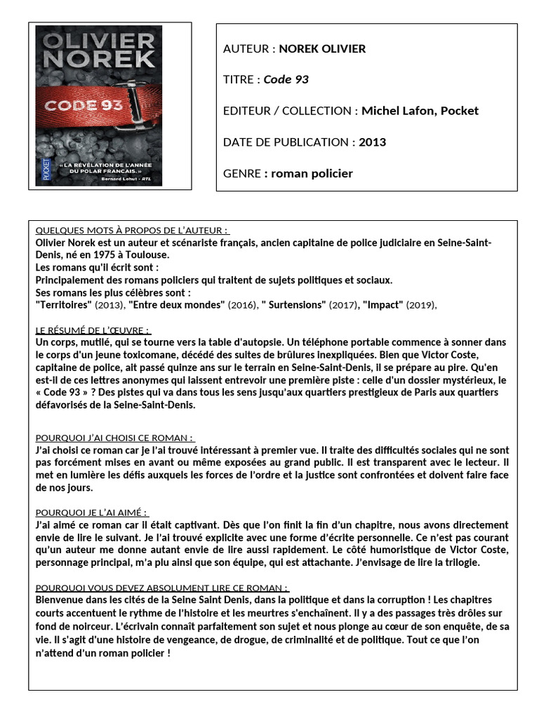 Fiche de Lecture Antoine - Roman Policier - 2024 2 | PDF | Romans