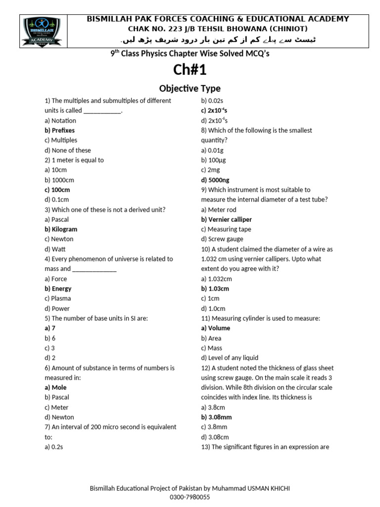 9th Physics CH Wise Solved Mcqs Bismillah Academy 0300-7980055 | PDF | Force | Acceleration