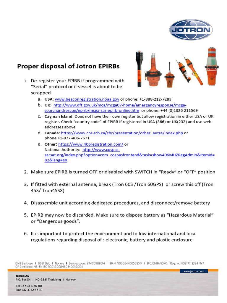 Disposal of Jotron EPIRBs | PDF