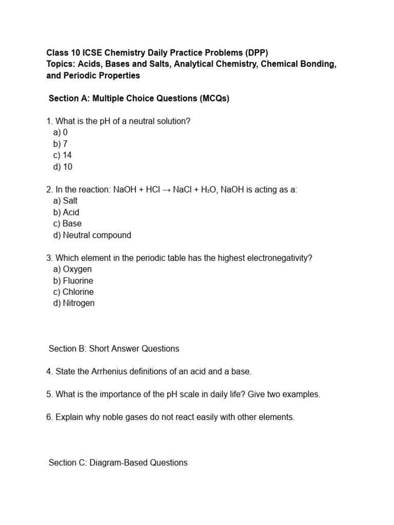 Class 10 ICSE Chemistry Daily Practice Problems (DPP) | PDF | Acid | Ph