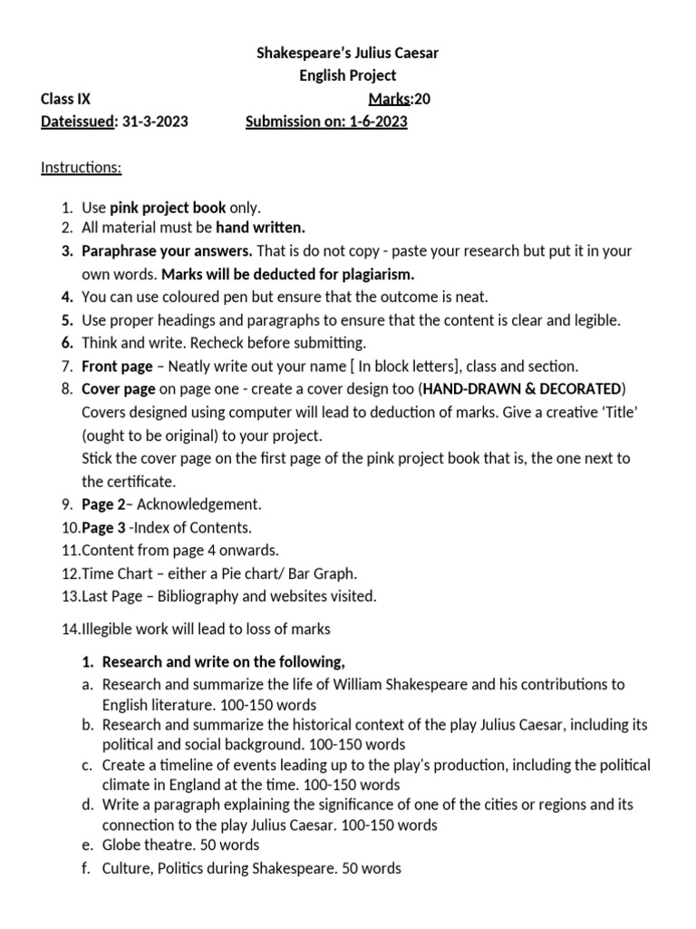 Julius Caesar Project Grade 8 To 9, 23-24 | PDF