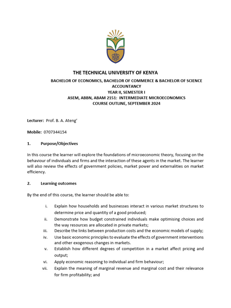 Intermediate Microeconomics Course Outline September 2024 | PDF ...