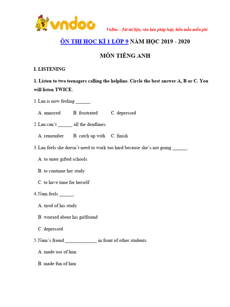 De Thi Hoc Ki 1 Mon Tieng Anh Lop 9 Co File Nghe | PDF | Adolescence | Vietnam