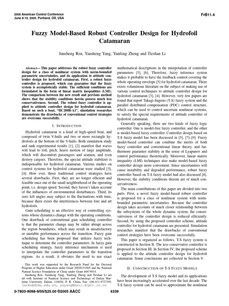 Fuzzy Model-Based Robust Controller Design For Hydrofoil Catamaran | PDF | Matrix (Mathematics ...
