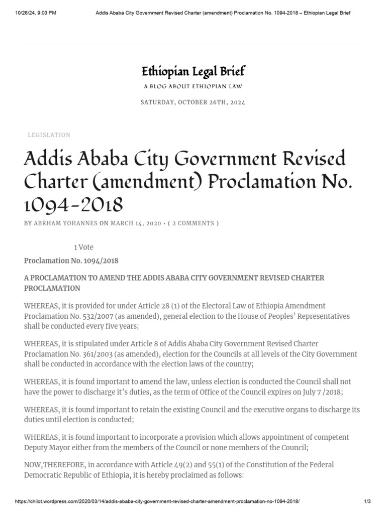 Addis Ababa City Government Revised Charter (Amendment) Proclamation No ...
