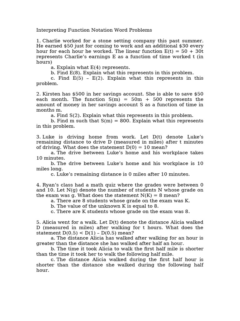 Interpreting Function Notation Word Problems Pdf