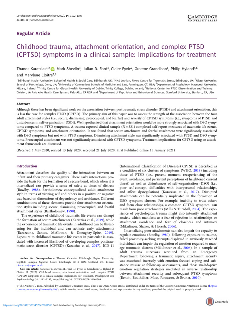 Childhood Trauma, Attachment Orientation, and Complex PTSD | PDF ...