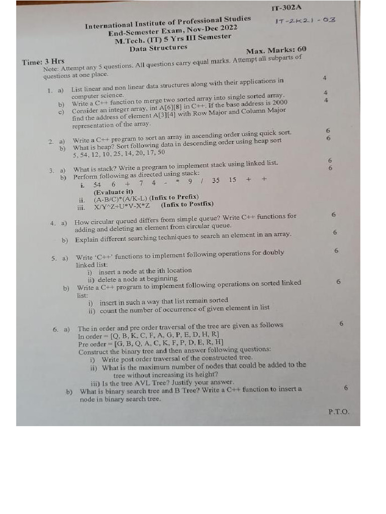Data Structure End Sem 2022 - M. Tech 3rd Sem | PDF