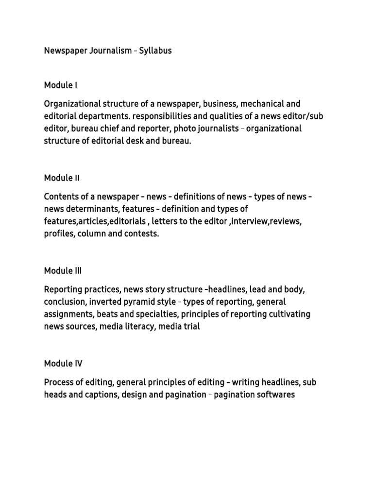 Newspaper Journalism - Syllabus | PDF