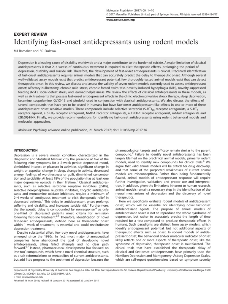 Identifying Fast-Onset Antidepressants Using Rodent Models: Expert ...