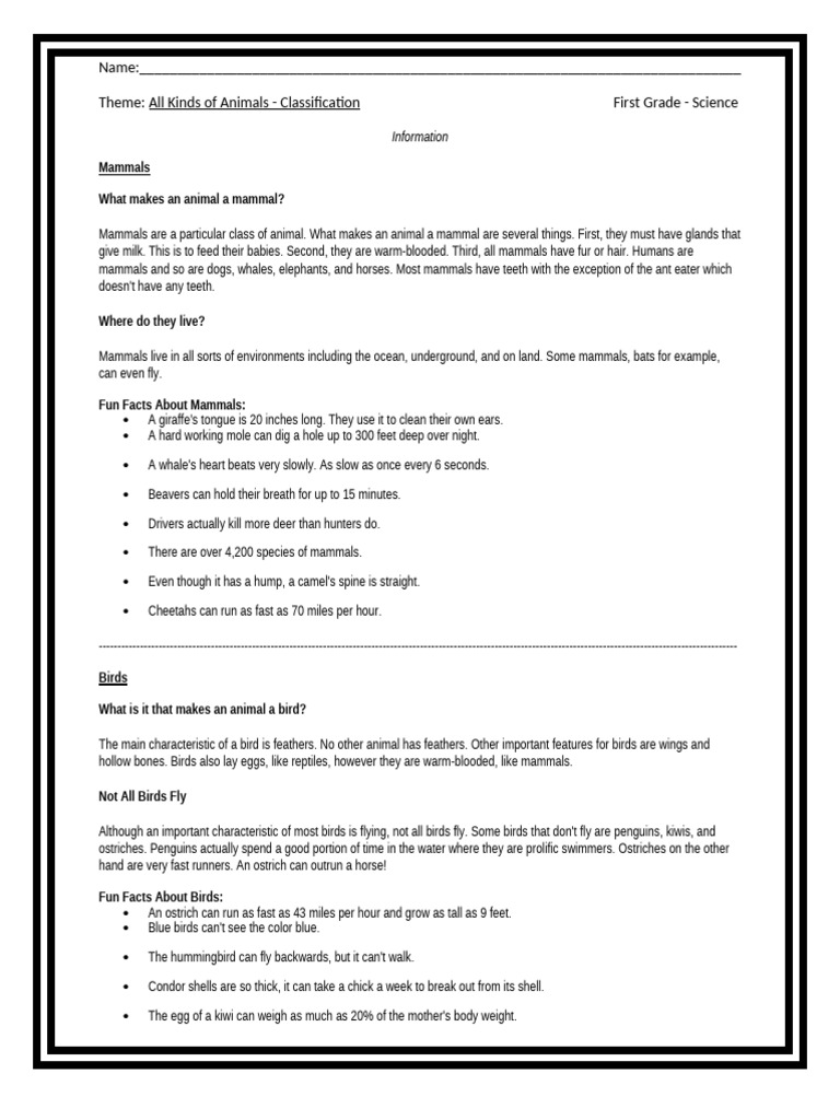 Name: - Theme: All Kinds of Animals - Classification First Grade ...