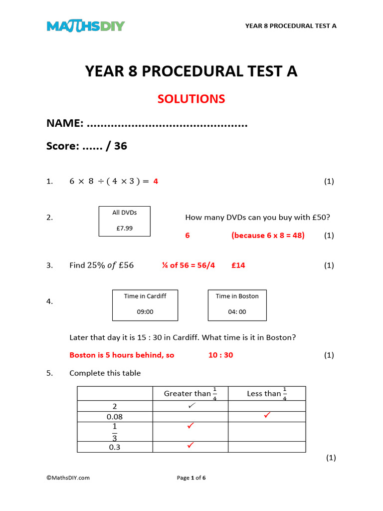 Year 8 Test A Solutions | PDF