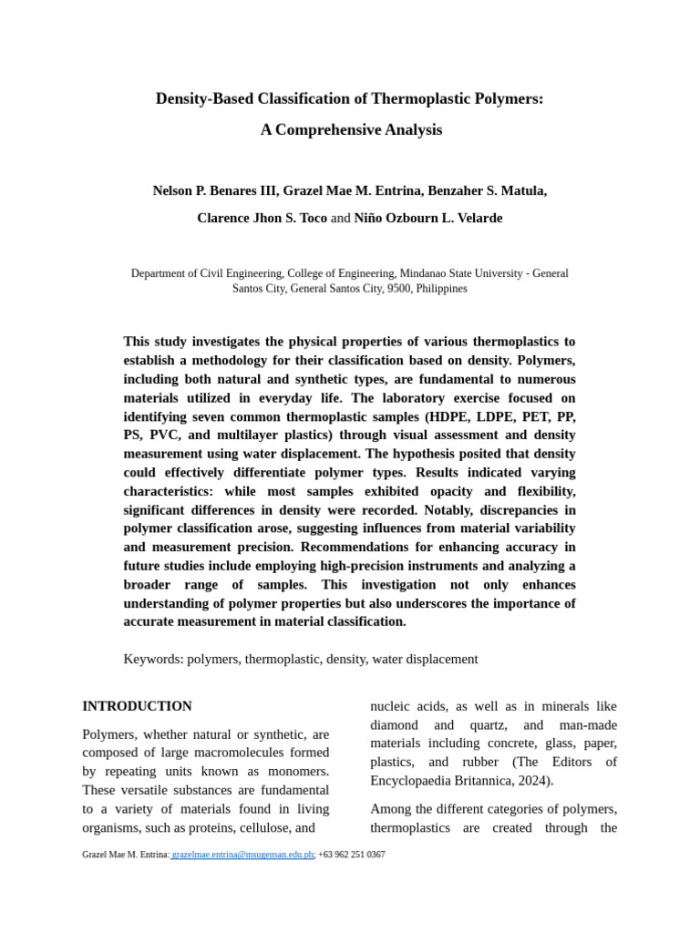 CHM012.1 Lab Report Group 8 | PDF | Polymers | Thermoplastic
