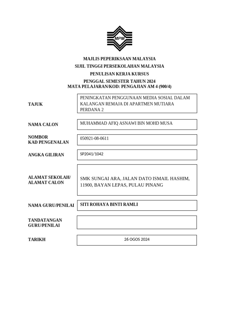 Borang KK Calon 2024 | PDF