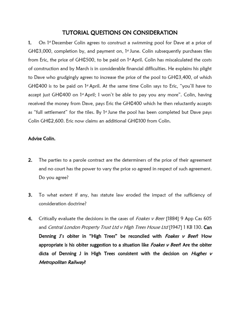 Tutorial Questions On Consideration | PDF | Obiter Dictum | Debt