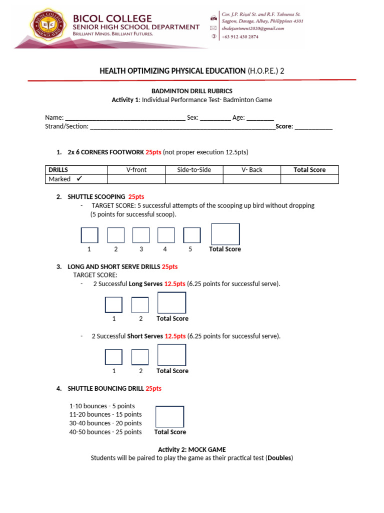 Badminton Rubrics | PDF