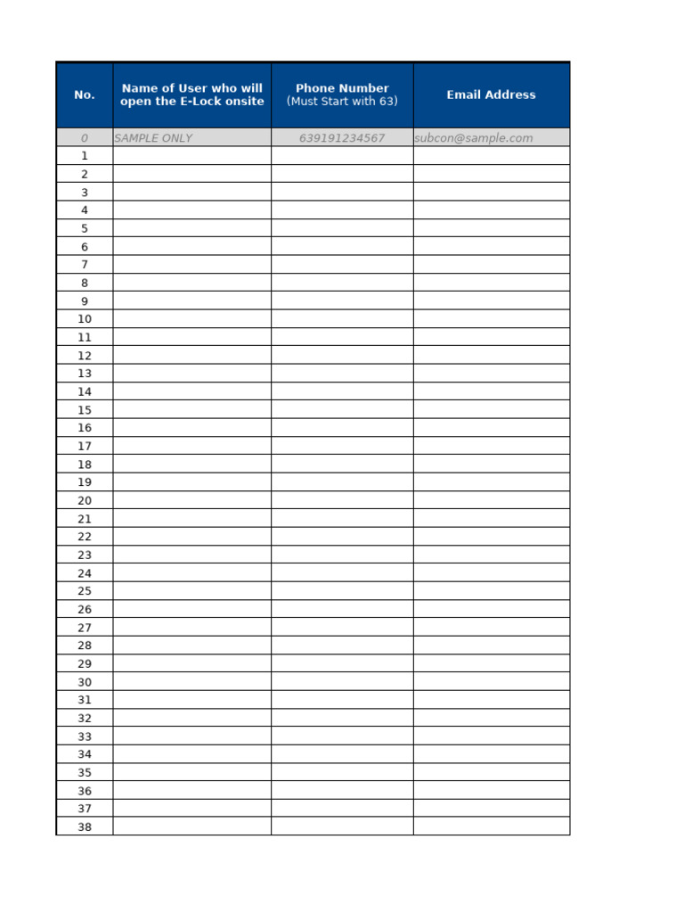 Elock User List - Template | PDF