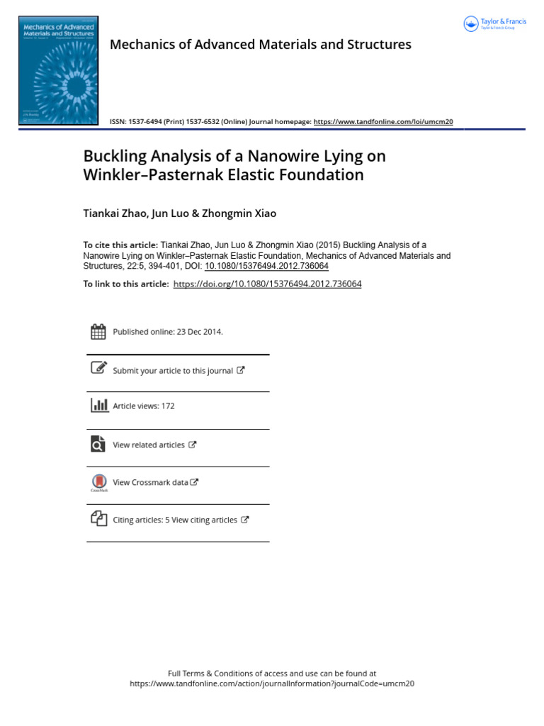 Buckling Analysis Of A Nanowire Lying On Winkler Pasternak Elastic Foundation Pdf Buckling