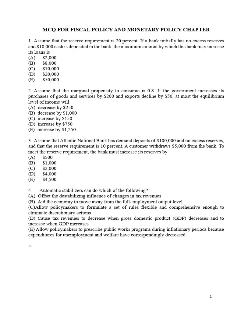 MCQs on Fiscal and Monetary Policy | PDF | Fiscal Multiplier | Money Supply