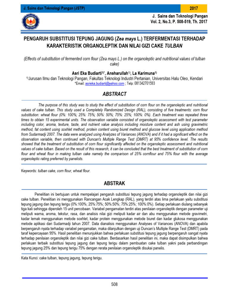 Universitas Halu Oleo - PENGARUH SUBSTITUSI TEPUNG JAGUNG (Zea Mays L.) TERFERMENTASI TERHADAP | PDF