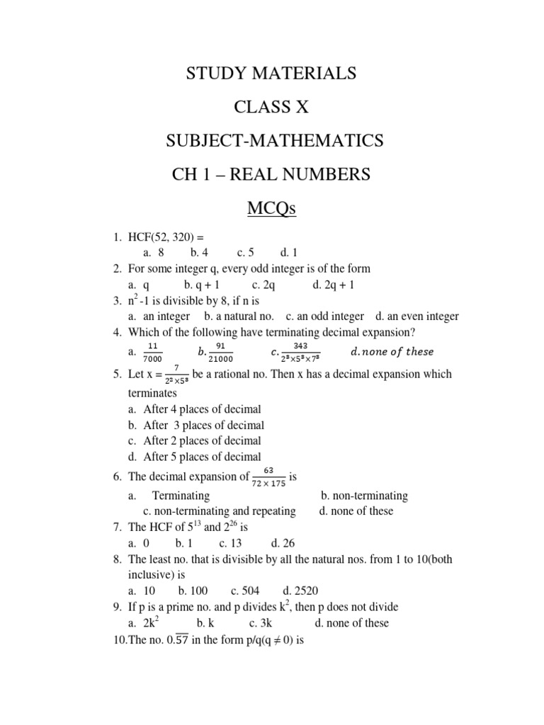 Real Numbers Mcq | PDF | Numbers | Rational Number