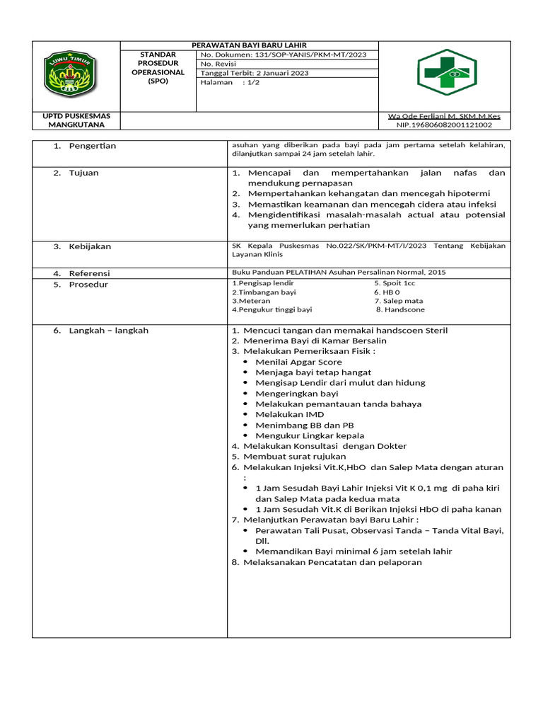Prosedur Perawatan Bayi Baru Lahir | PDF