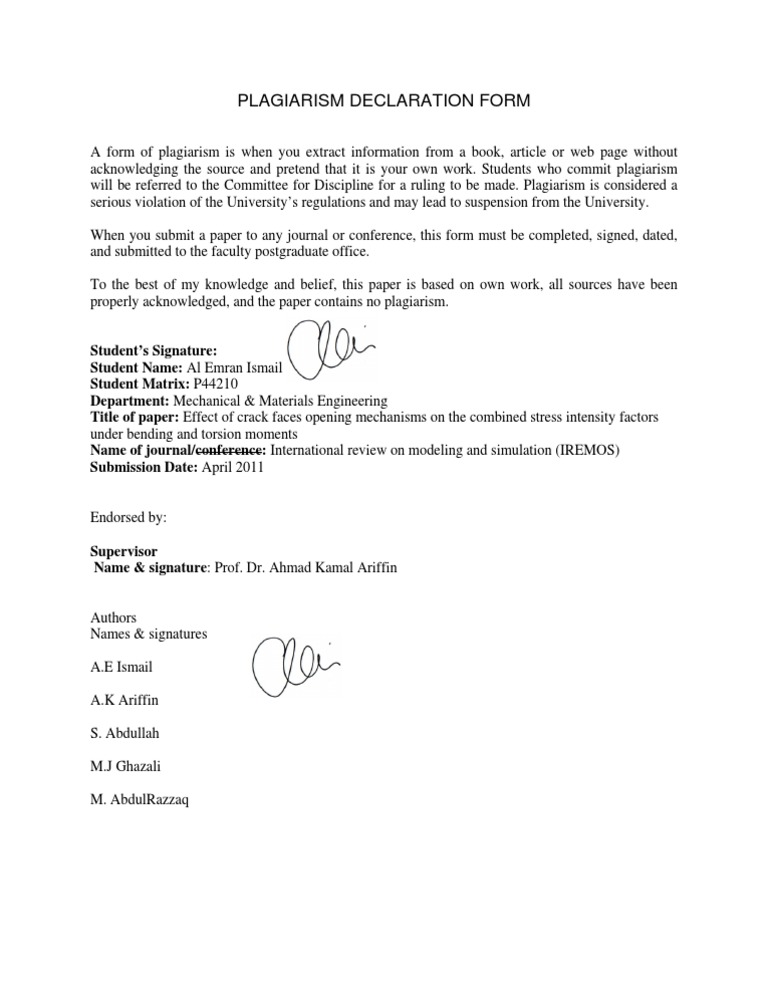 Plagiarism Declaration Form Rev1 | PDF