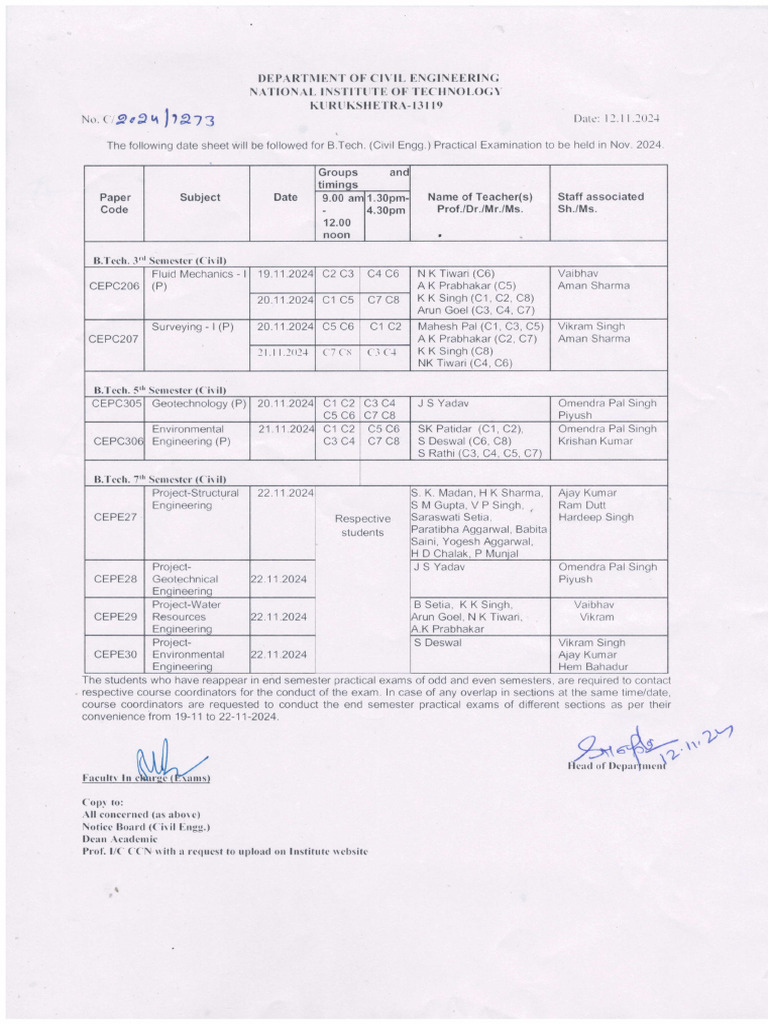 End Sem Practical Date Sheet of B Tech M.Tech - .Civil Engg. Deptt ...