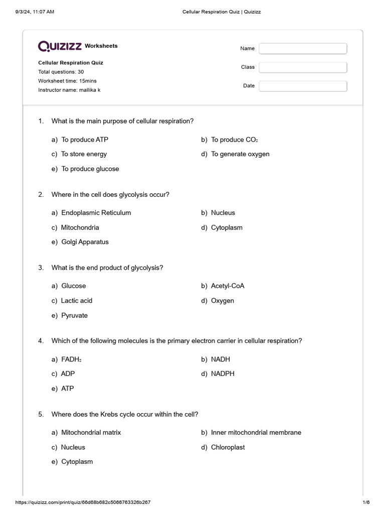 Cellular Respiration Quiz | PDF | Cellular Respiration | Adenosine ...
