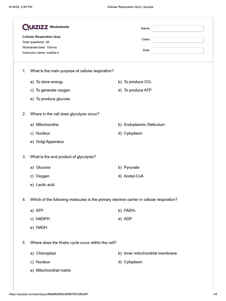 Cellular Respiration Quiz - ANS | PDF | Cellular Respiration ...