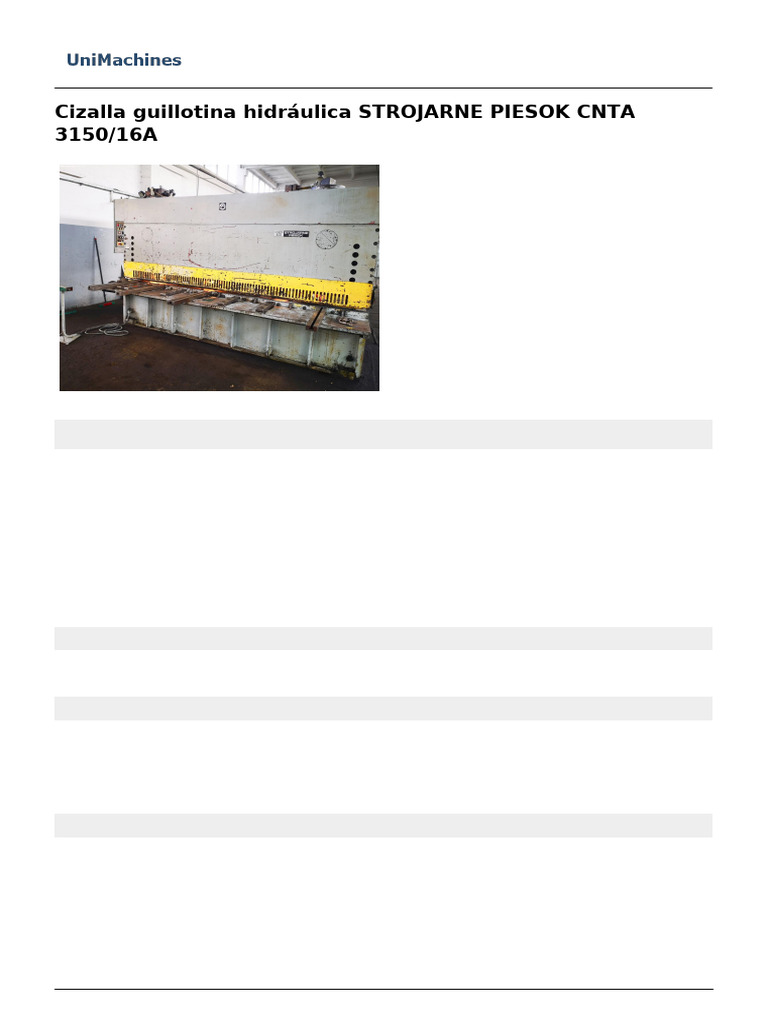 Unimachines Cizalla Guillotina Hidrulica Strojarne Piesok Cnta 3150 16a 1987 | PDF