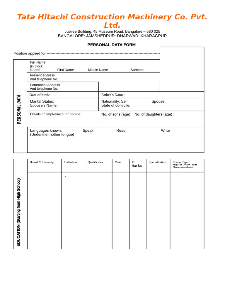 Personal Data Form Pdf Business 8135