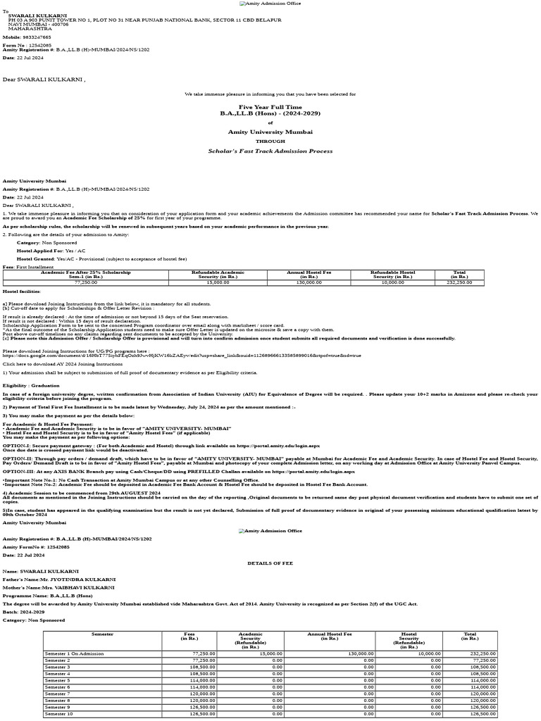 Amity Admission Confirmation for Swarali | PDF