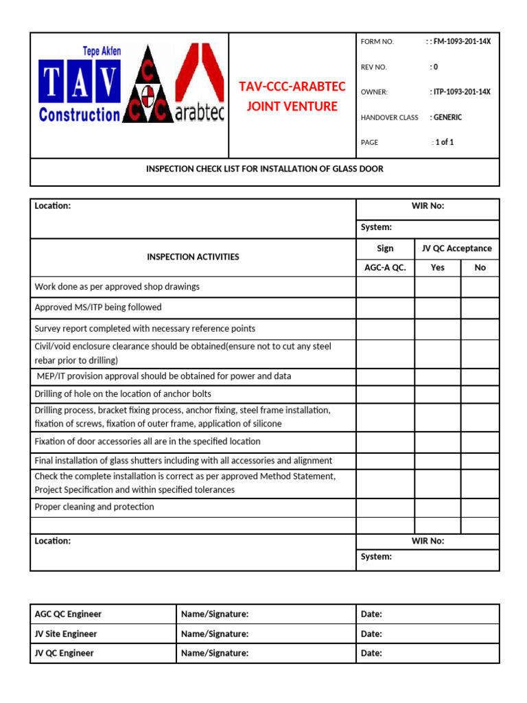 14X - Check List Installation of Door | PDF