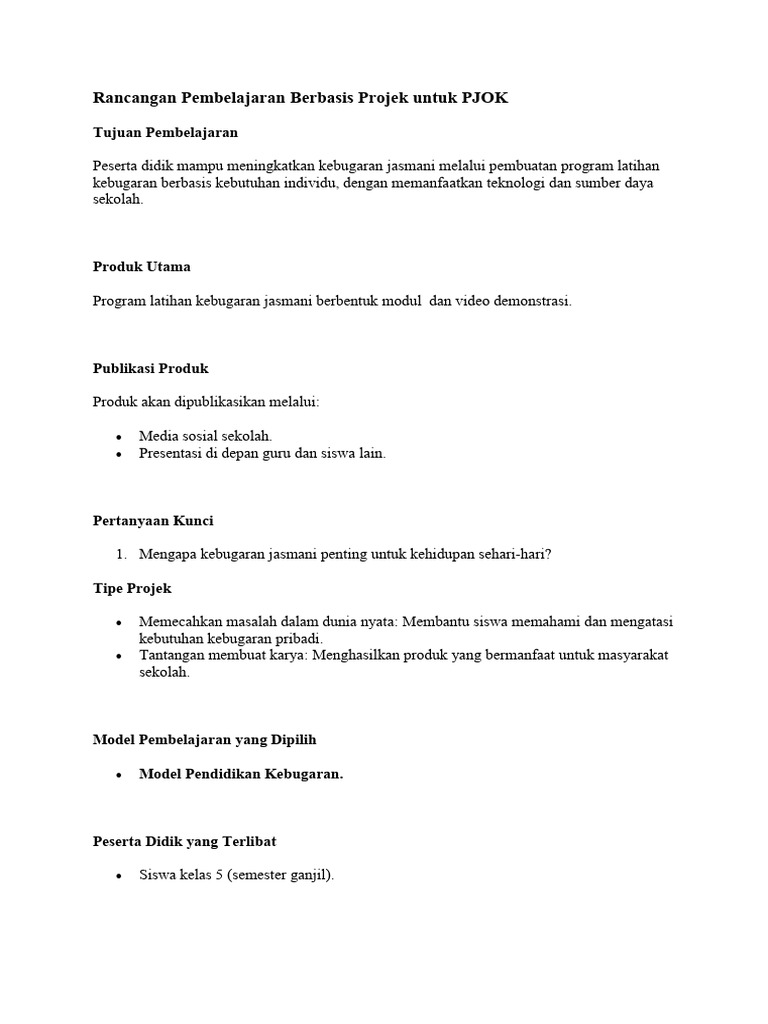 Rancangan Pembelajaran Berbasis Projek Untuk PJOK | PDF