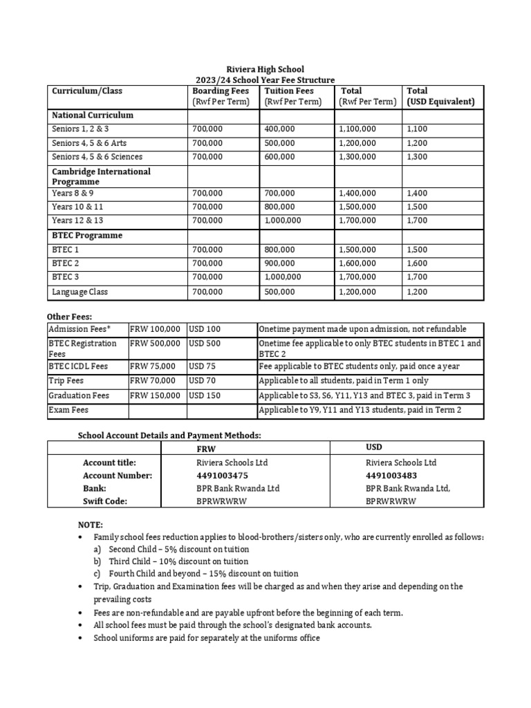 Riviera High School Fee Structure 2023/24 | PDF | Tuition Payments ...