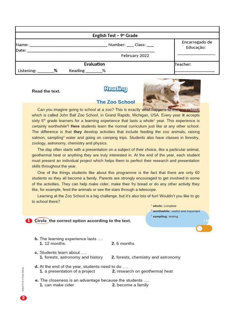 9th Grade English Test: Zoo School | PDF
