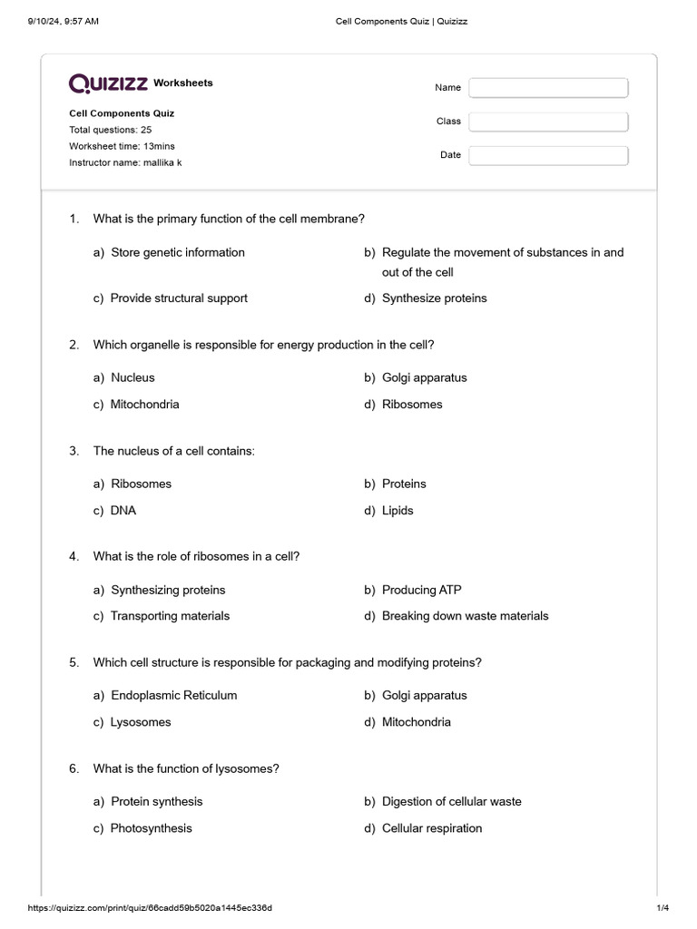 Cell Components Quiz - Quiz | PDF | Cell (Biology) | Endoplasmic Reticulum