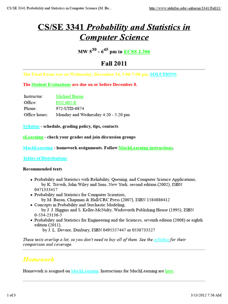 CS/SE 3341 Course Resources | PDF | Probability Distribution | Markov Chain