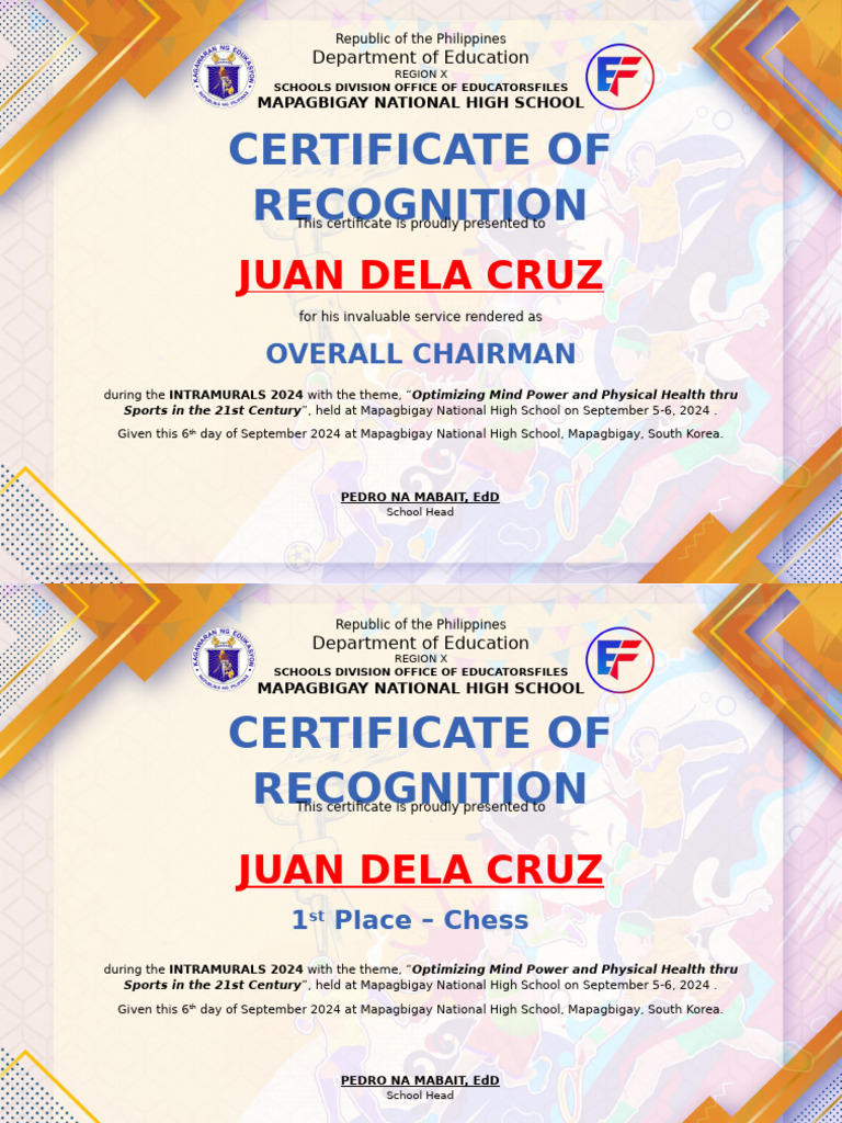 Intramurals 2024 Certificate Template - Educators Files | PDF