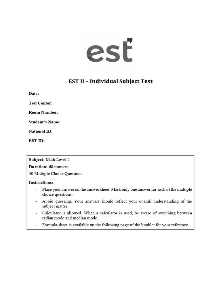 EST-2-Math-Level-2 Sample Test | PDF | Trigonometric Functions | Sphere