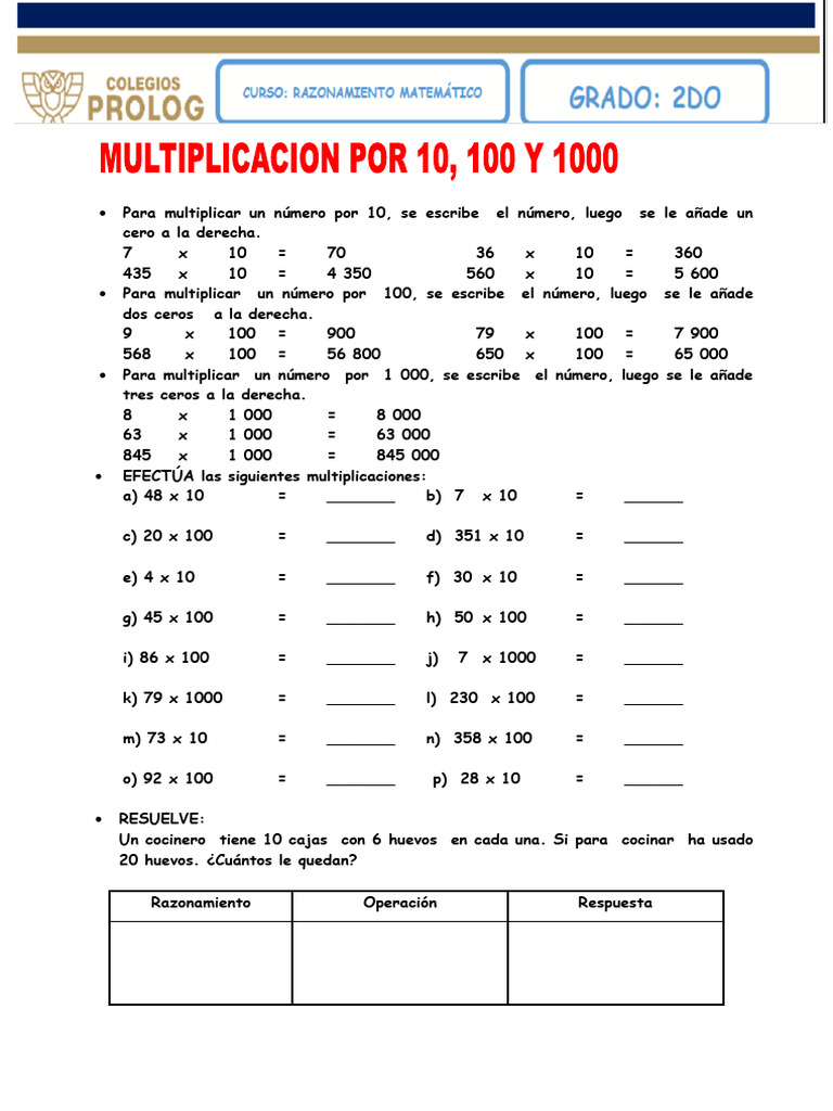2° Multiplicacion-Por-10-100-Y-1000-Raz Matematico | PDF